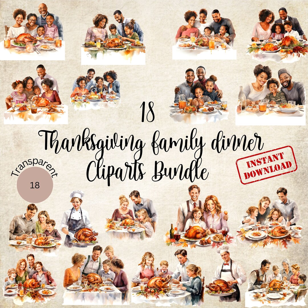 Watercolor Thanksgiving Family Dinner Clipart| African American Family ...
