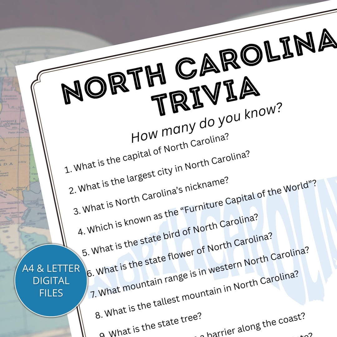 North Carolina State Trivia Game Printable, North Carolina Quiz for ...