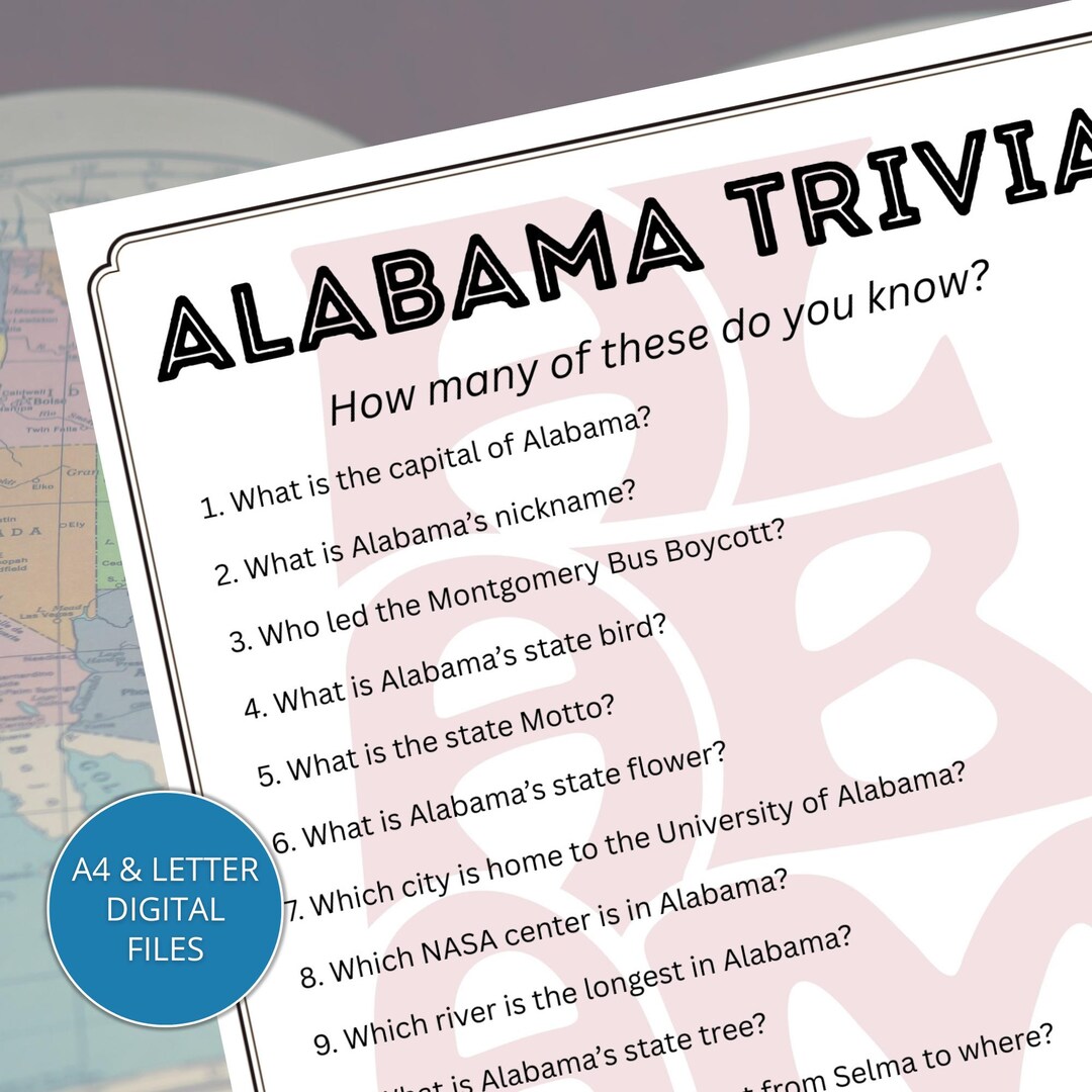 Alabama Trivia Game Printable, 15 Question State Facts Quiz for Adults ...