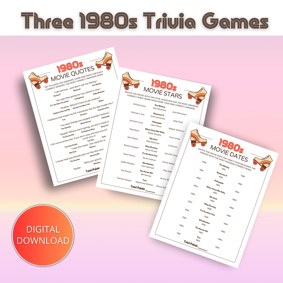 1980s Movie Trivia, 1980s Themed Party Game, 80s Theme, 80s Movies, 80s ...