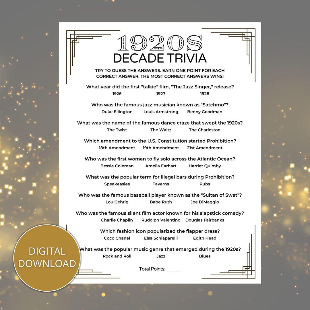 1920s Trivia Game, Roaring 20s Party (digital Download) - Etsy