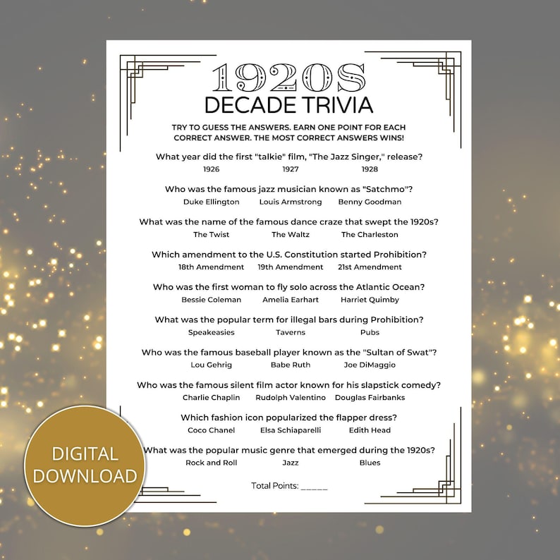 1920s Trivia, 1920s Party Game, 1920s Trivia Game, 20s History, Decades ...
