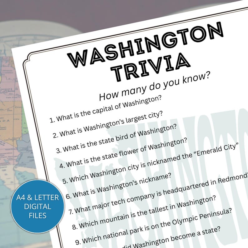 Washington State Trivia Game Printable, Evergreen State Facts Quiz for ...
