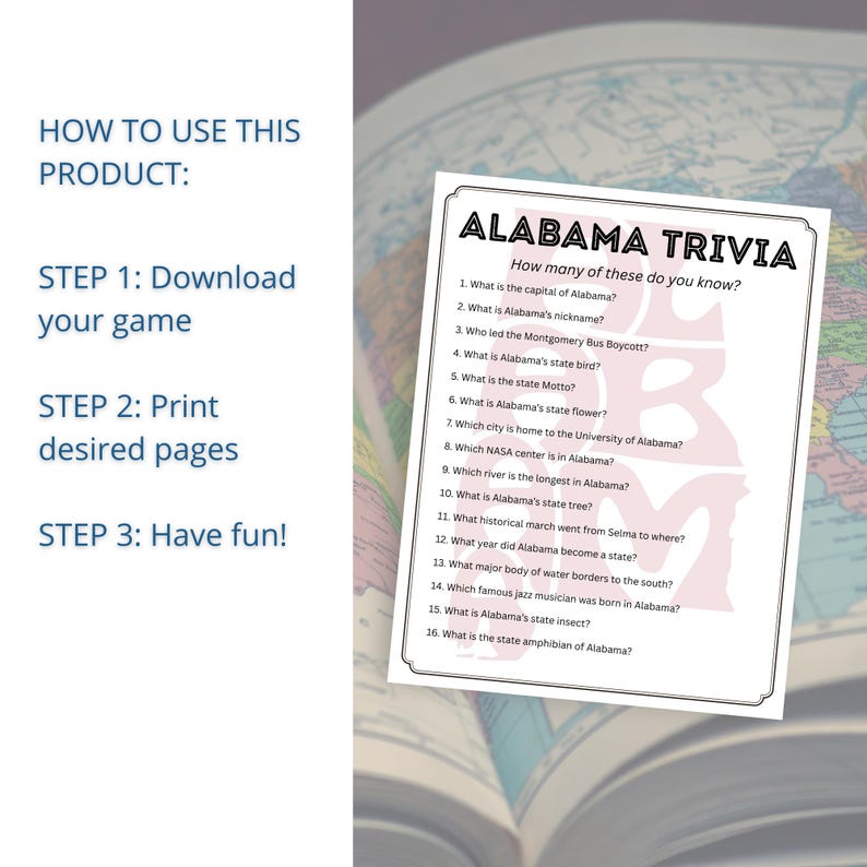Alabama Trivia Game Printable, 15 Question State Facts Quiz for Adults ...