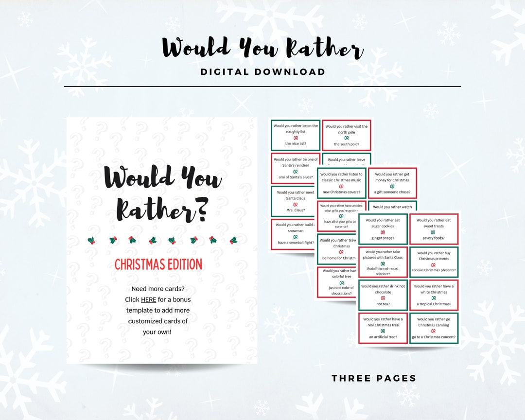 Christmas Would You Rather Game, Printable Holiday Travel Game (bonus ...