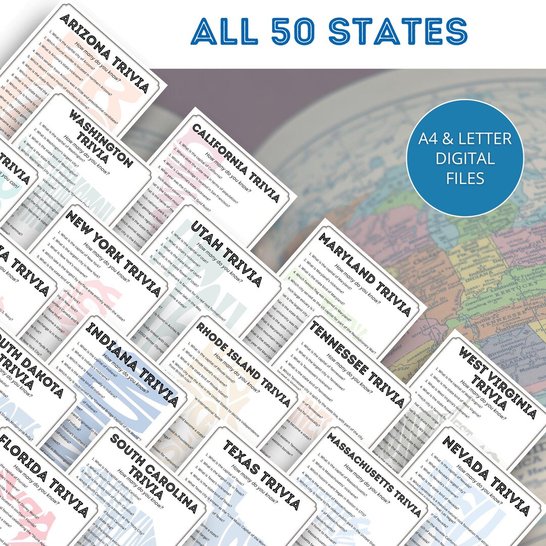 50 States Trivia Game Bundle Printable, Fun US State Facts Quiz Pack ...