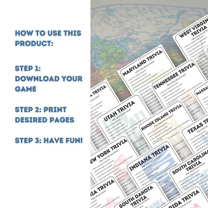 50 States Trivia Game Bundle Printable, Fun US State Facts Quiz Pack ...