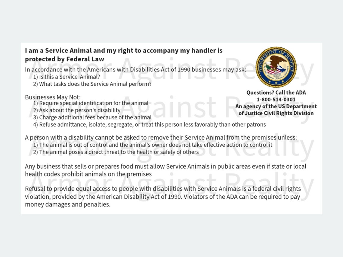 Printable ADA Service Dog Rights Information Card - Etsy