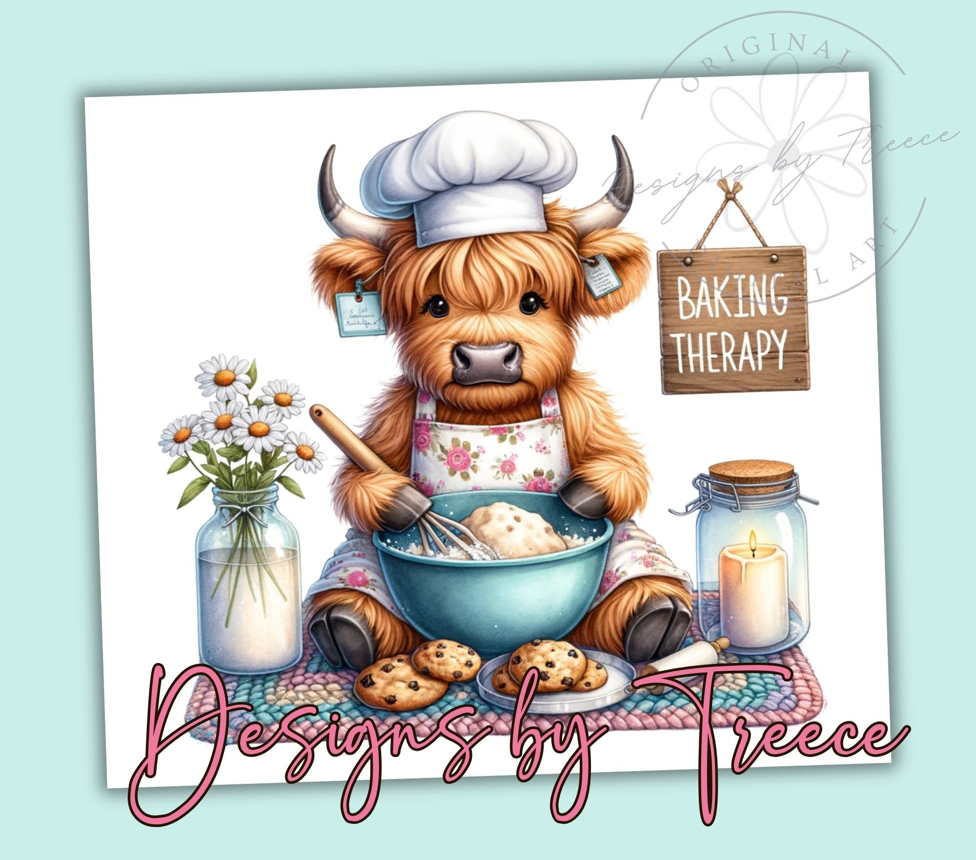 Highland Cow Baking Therapy Baker Chef Cookies 20oz Tumbler Wrap Glass ...