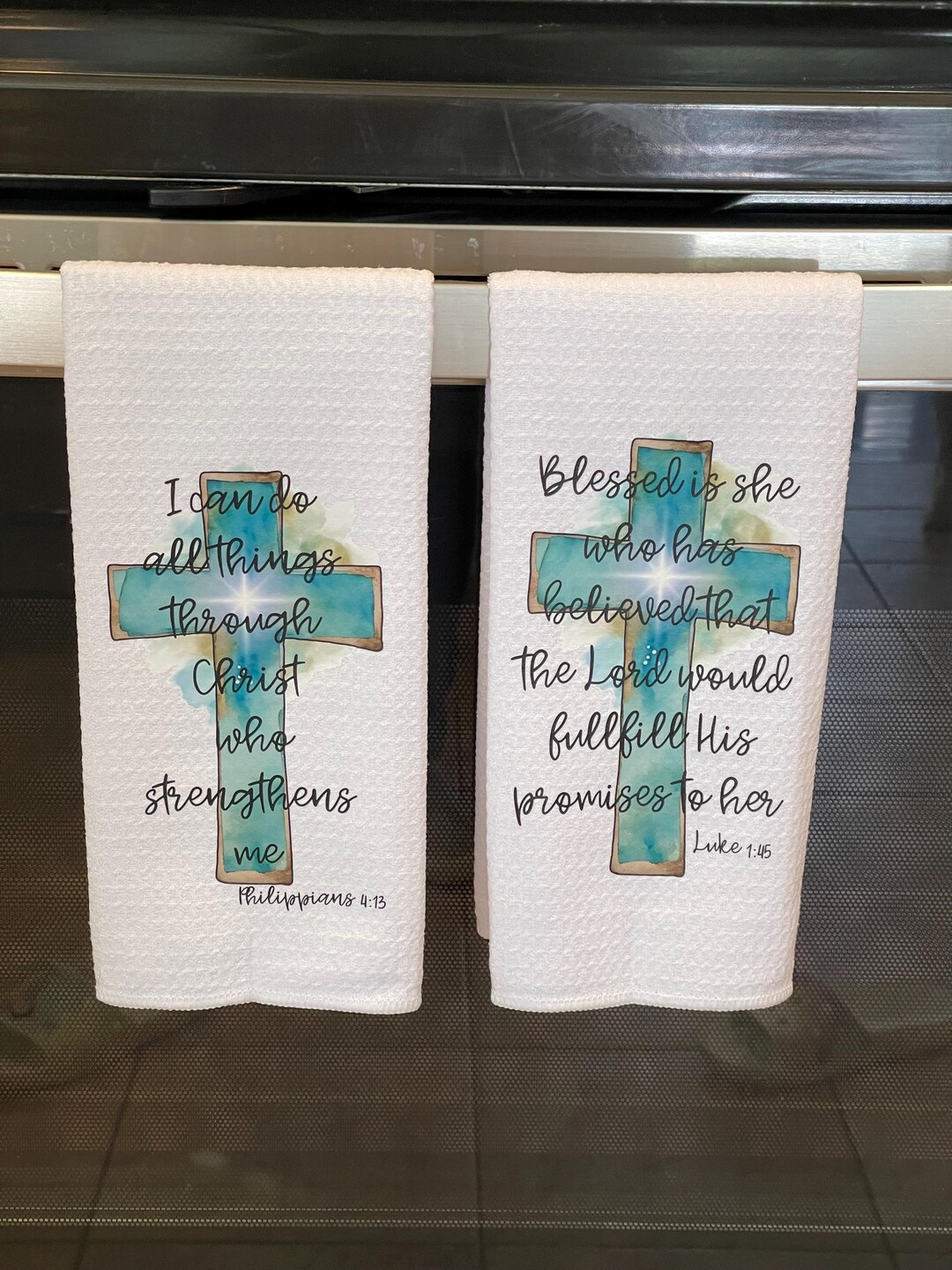 Set of Two Christian Cross Kitchen Towels Religous Design Waffle Weave ...