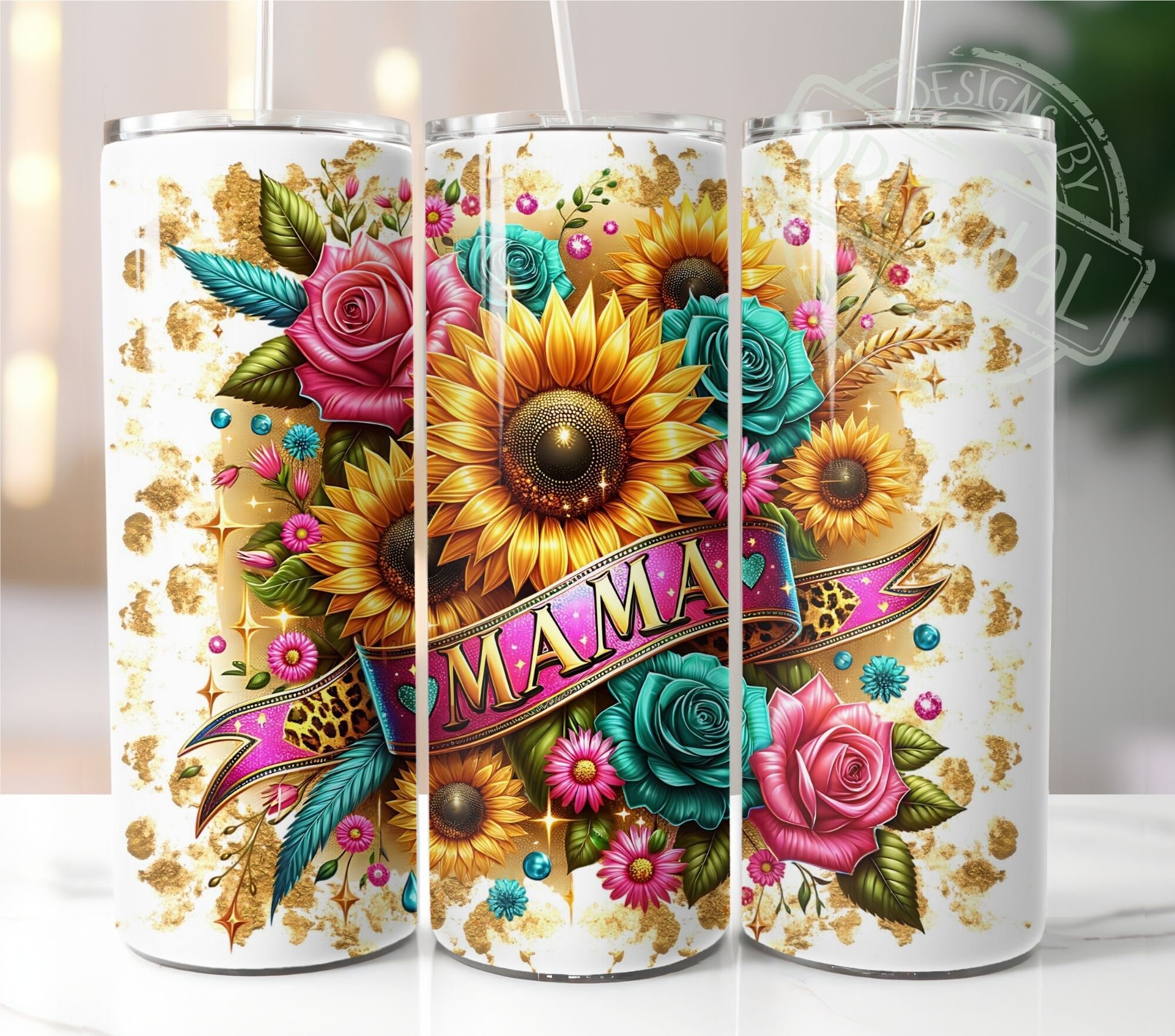 Mama, Mother's Day, Mom, Gold Floral Sparkle 20 Oz Skinny Floral ...