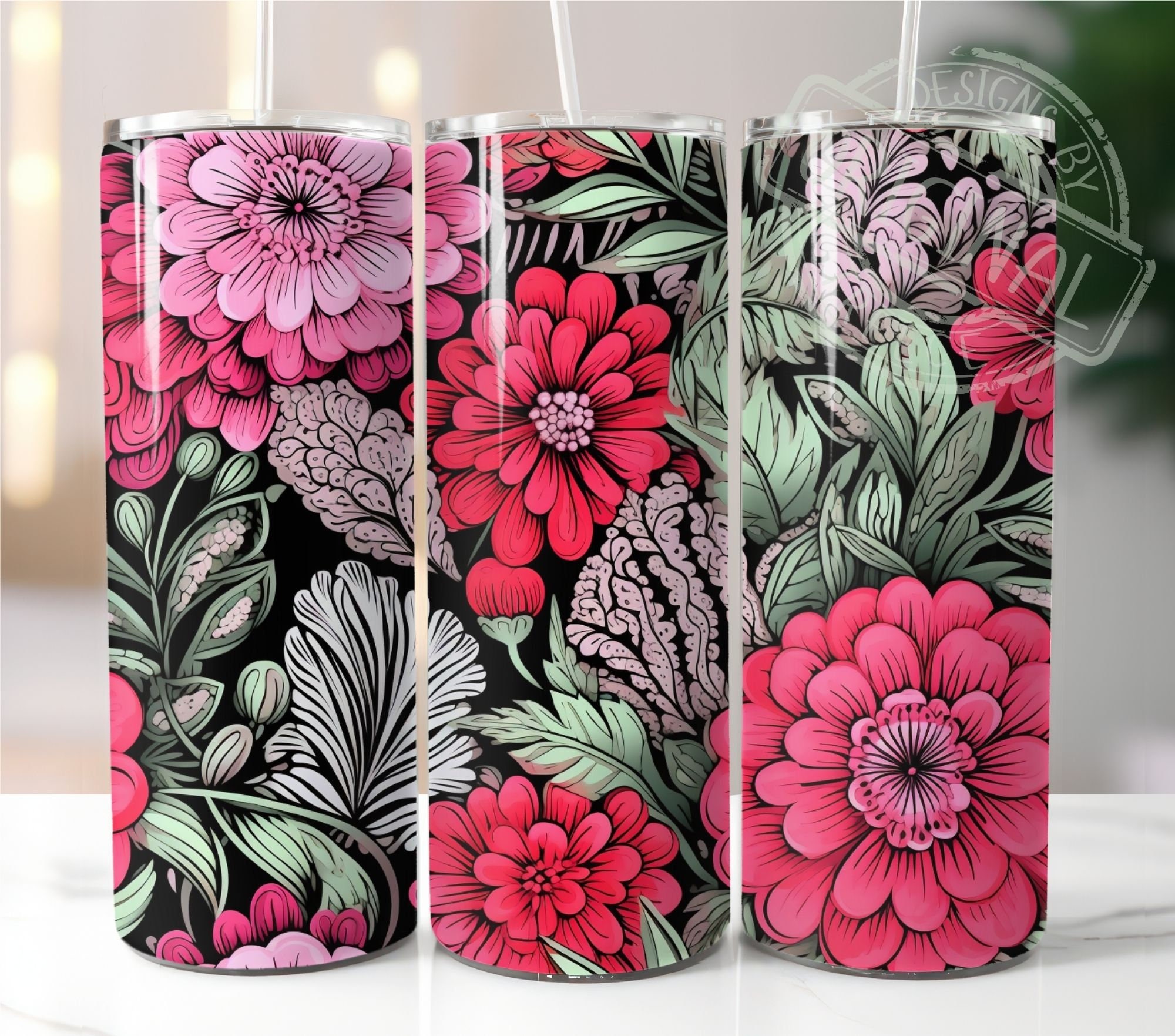 Seamless Bold Vibrant Spring Summer Floral 20 Oz Skinny Floral Tumbler ...
