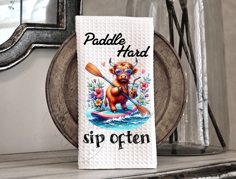 Paddleboard, Iced Coffee Highland Cow Funny Design Kitchen Hand Towel ...