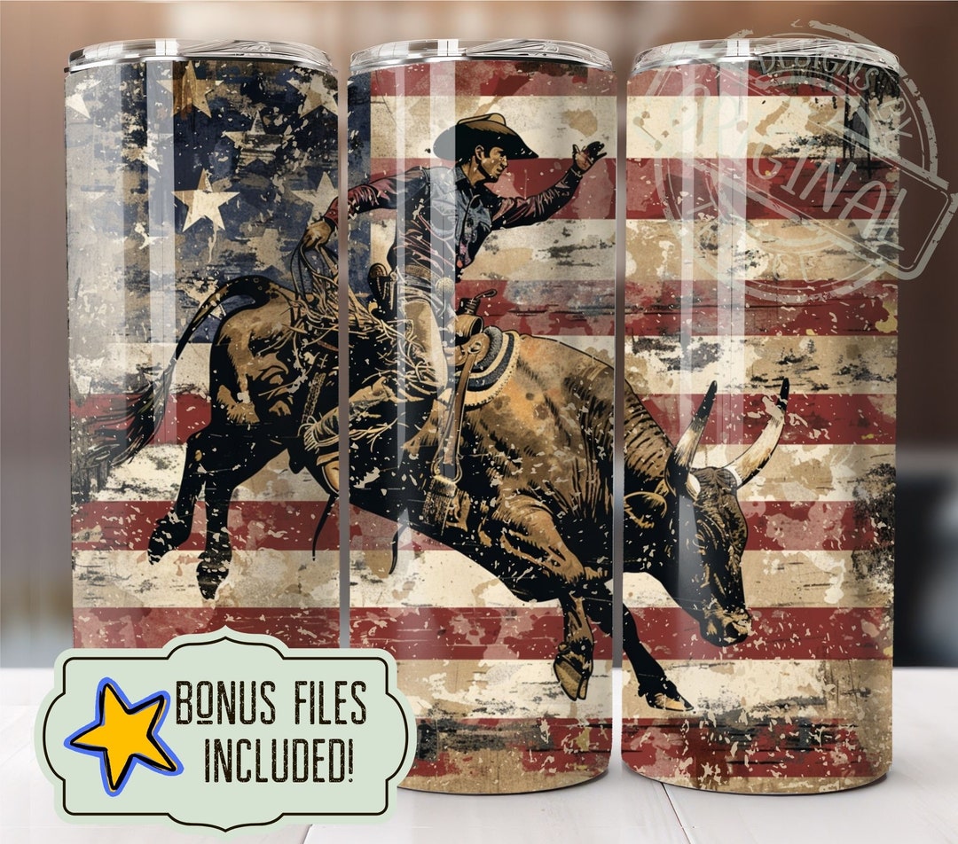 Bull Riding Cowboy Patriotic Rustic 20 Oz Skinny Floral Tumbler Wrap ...