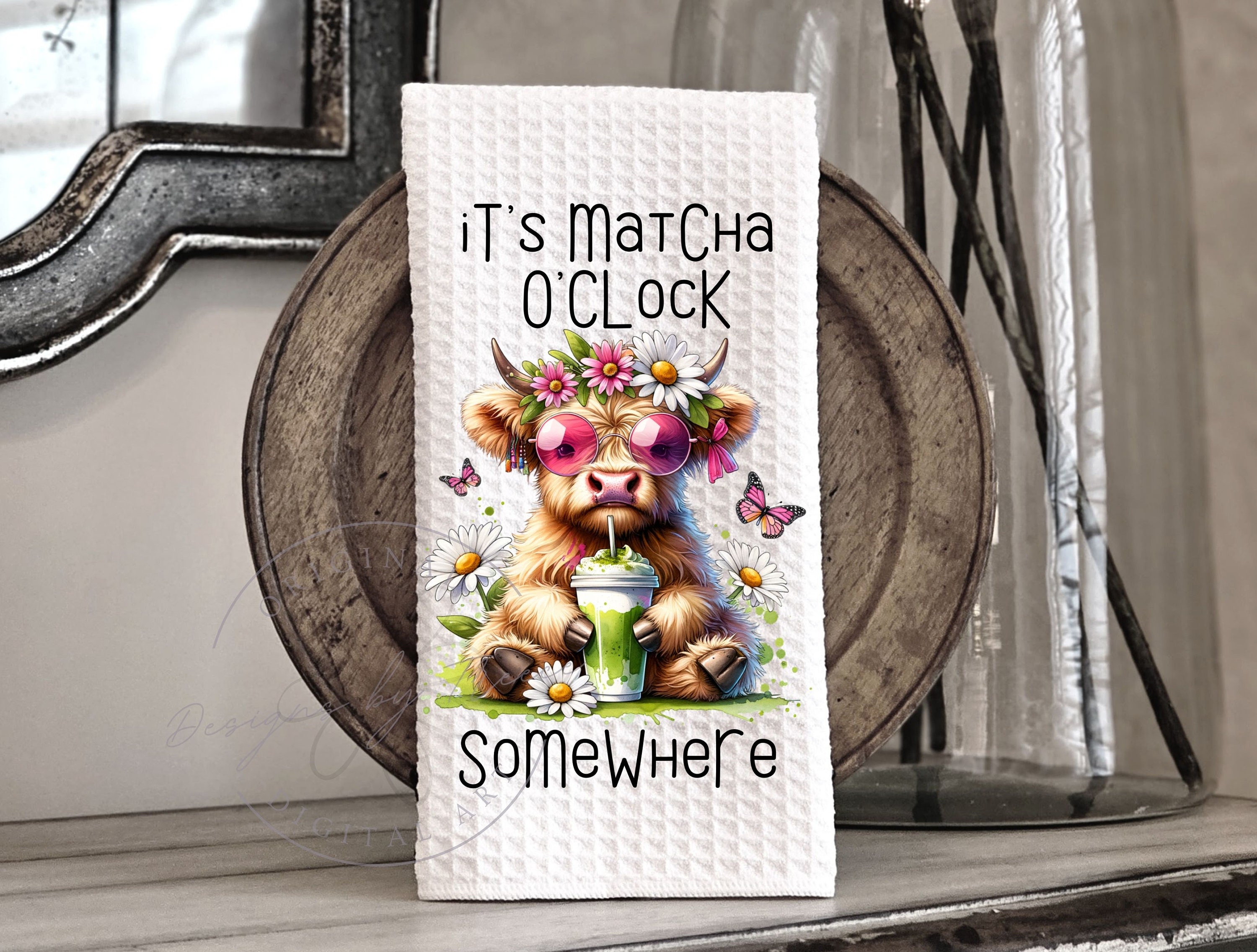 Matcha Latte Highland Cow Country Kitchen Towel Apron Sublimation ...