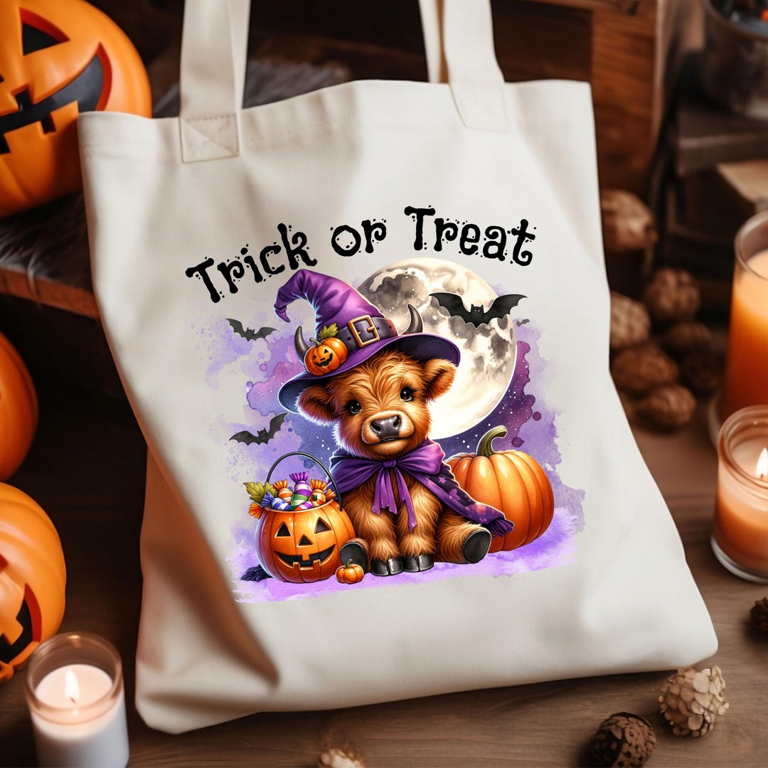 Halloween Highland Cow Witch PNG: Trick or Treat Tote Candy Bag Design ...
