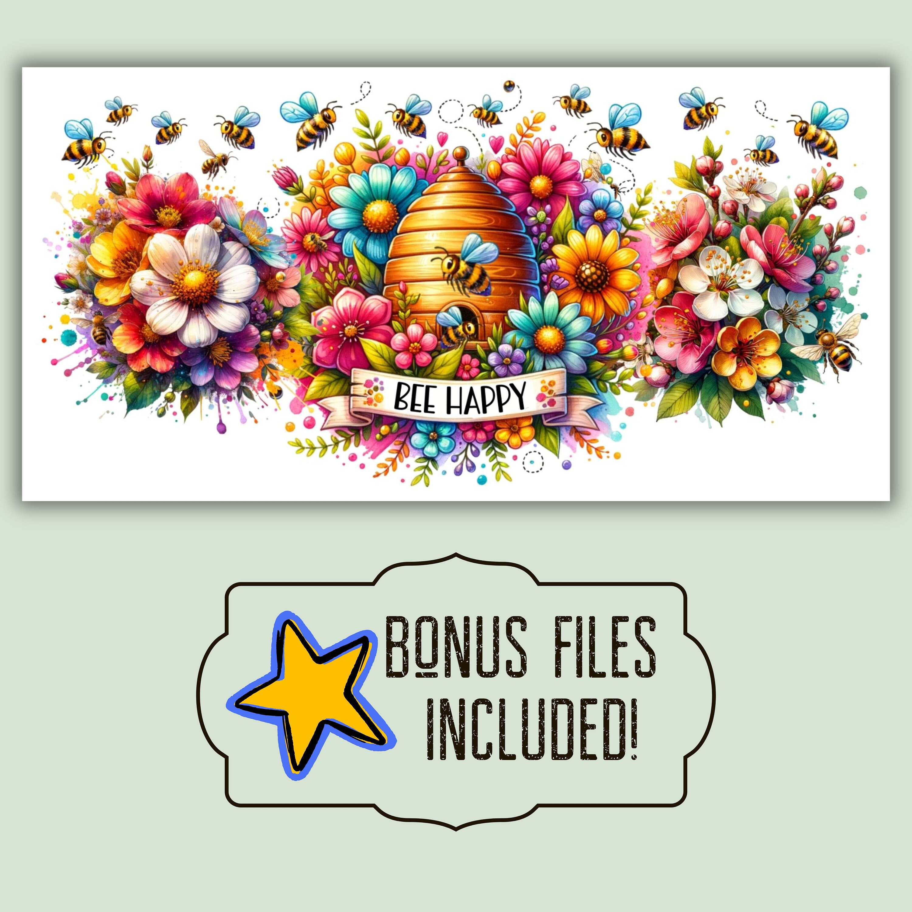 Bee Happy Honeybees Flowers Spring Summer Floral, UV DTF 16 Oz Glass ...