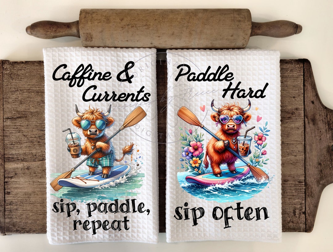 Paddleboard, Iced Coffee Highland Cow Funny Design Kitchen Hand Towel ...
