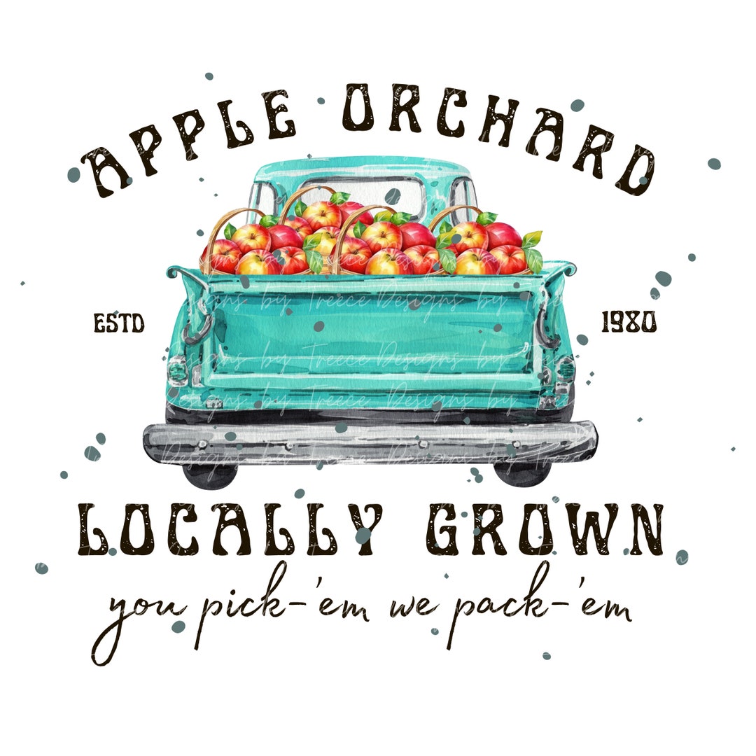 Apple Orchard Digital PNG Design, Country Farmhouse Blue Pickup Truck ...