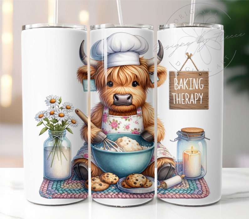 Highland Cow Baking Therapy Baker Chef Cookies 20oz Tumbler Wrap Glass ...