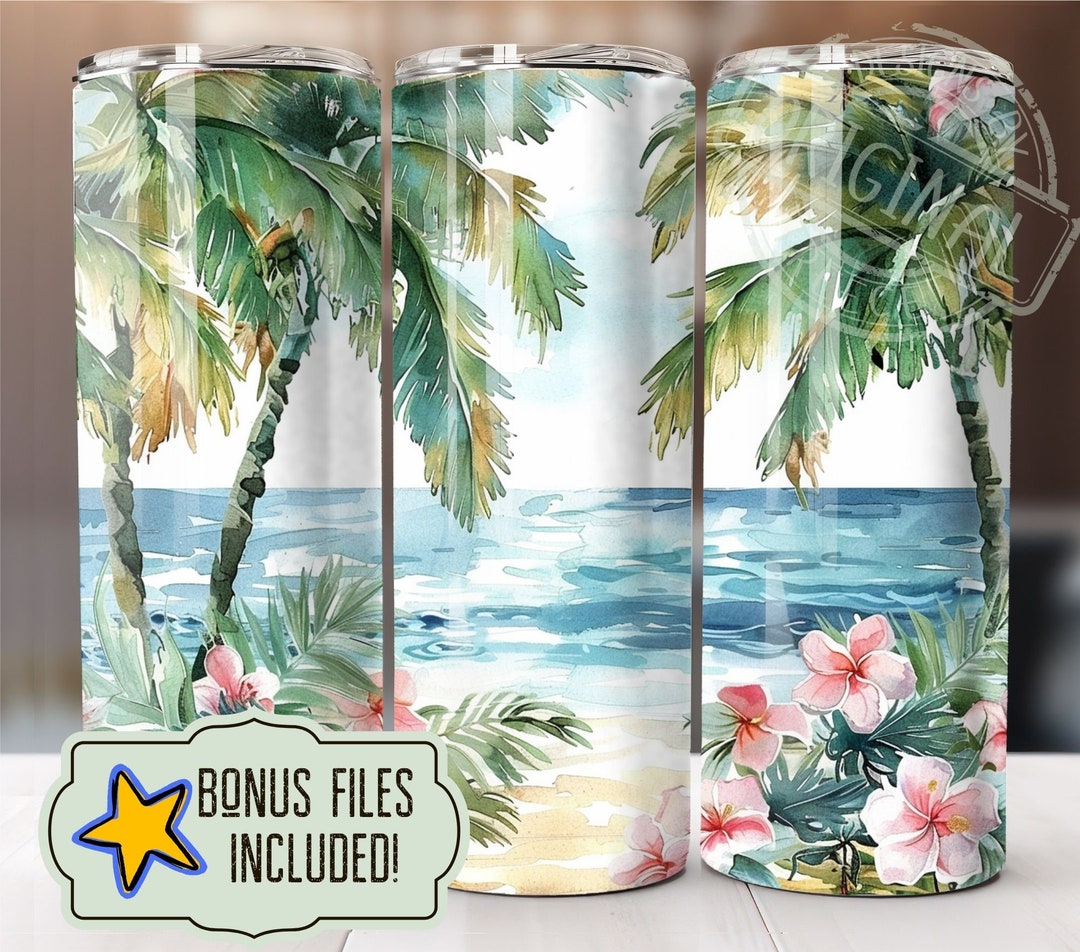Seamless Tropical Beach Palm Trees Ocean Floral 20 Oz Skinny Floral ...