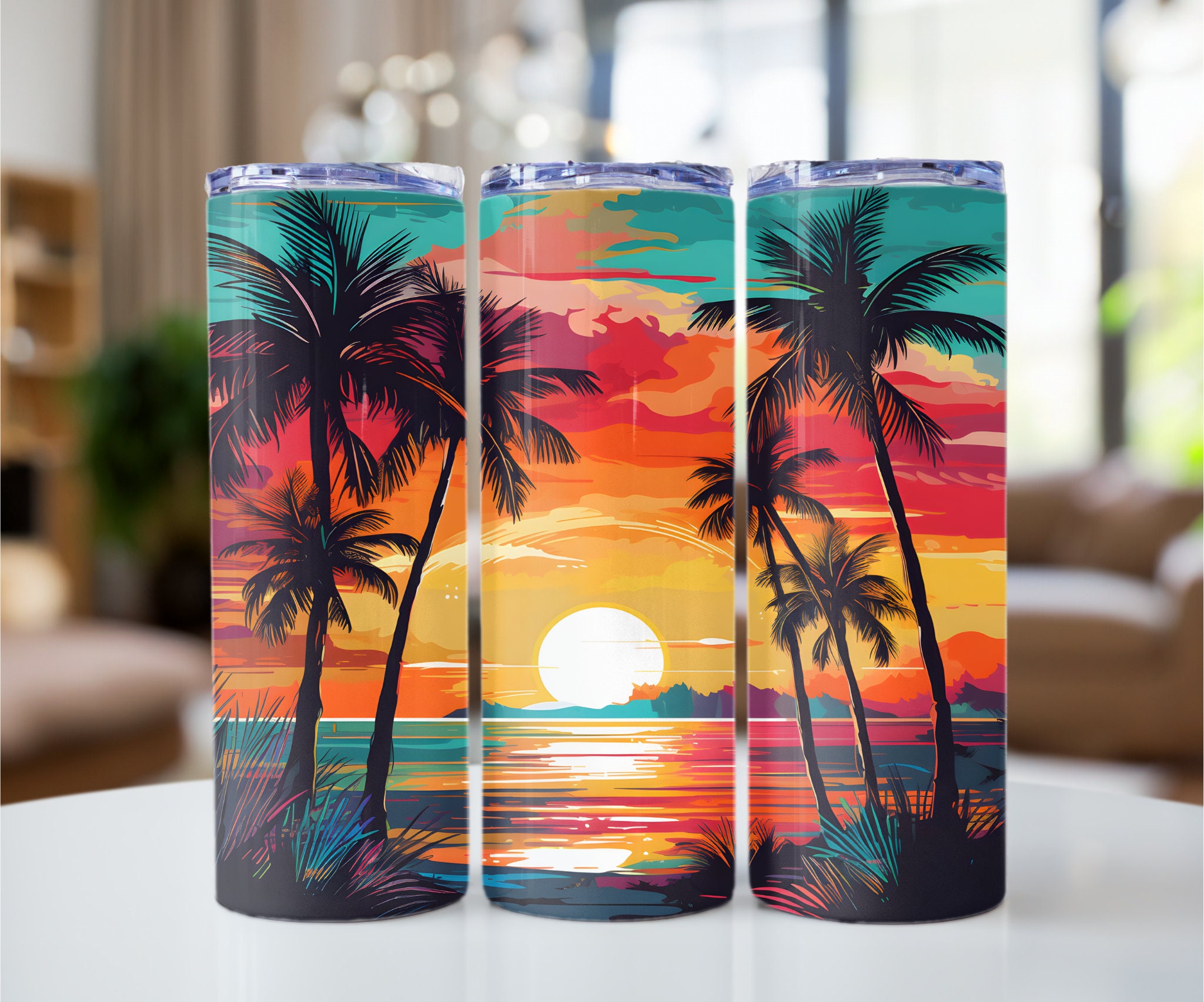 Sunset Palm Trees 20oz Sublimation Tumbler Designs, Beautiful Colorful ...
