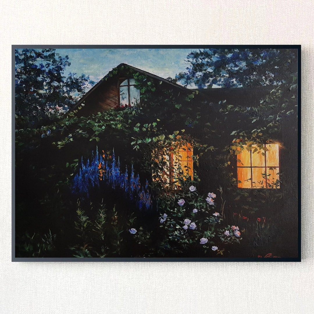 Cottage Garden, House at Nightfall, Summer Garden, Lights at Night, Oil ...