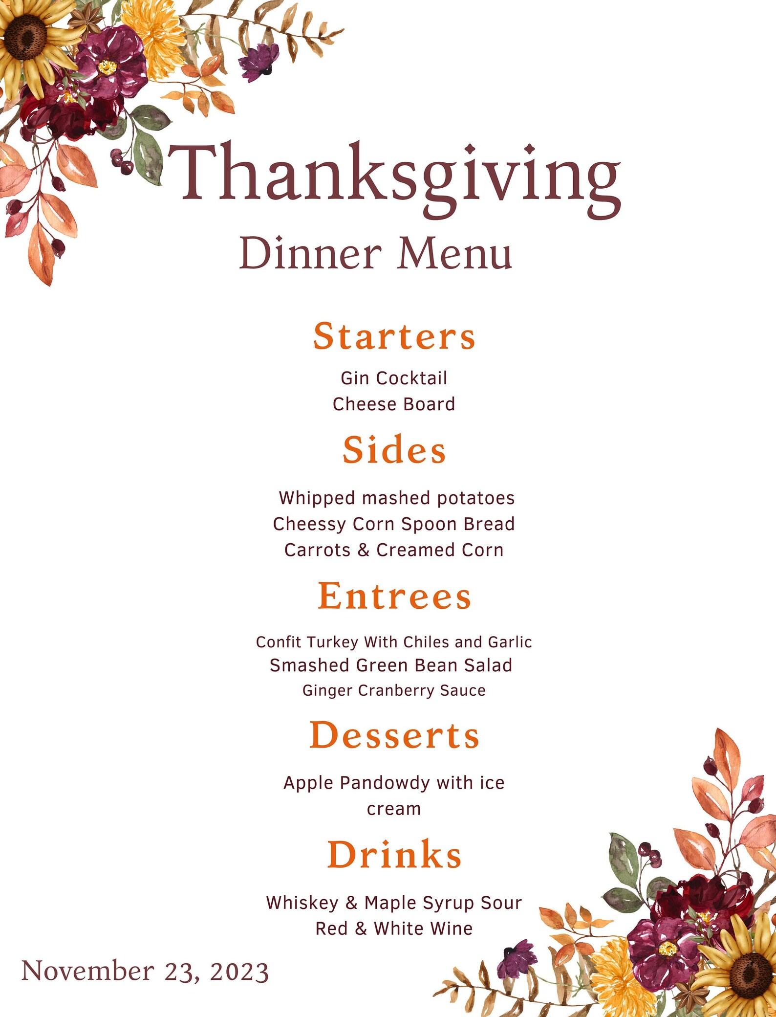 Editable Thanksgiving Dinner Menu Template, Fall Themed Menu Template ...