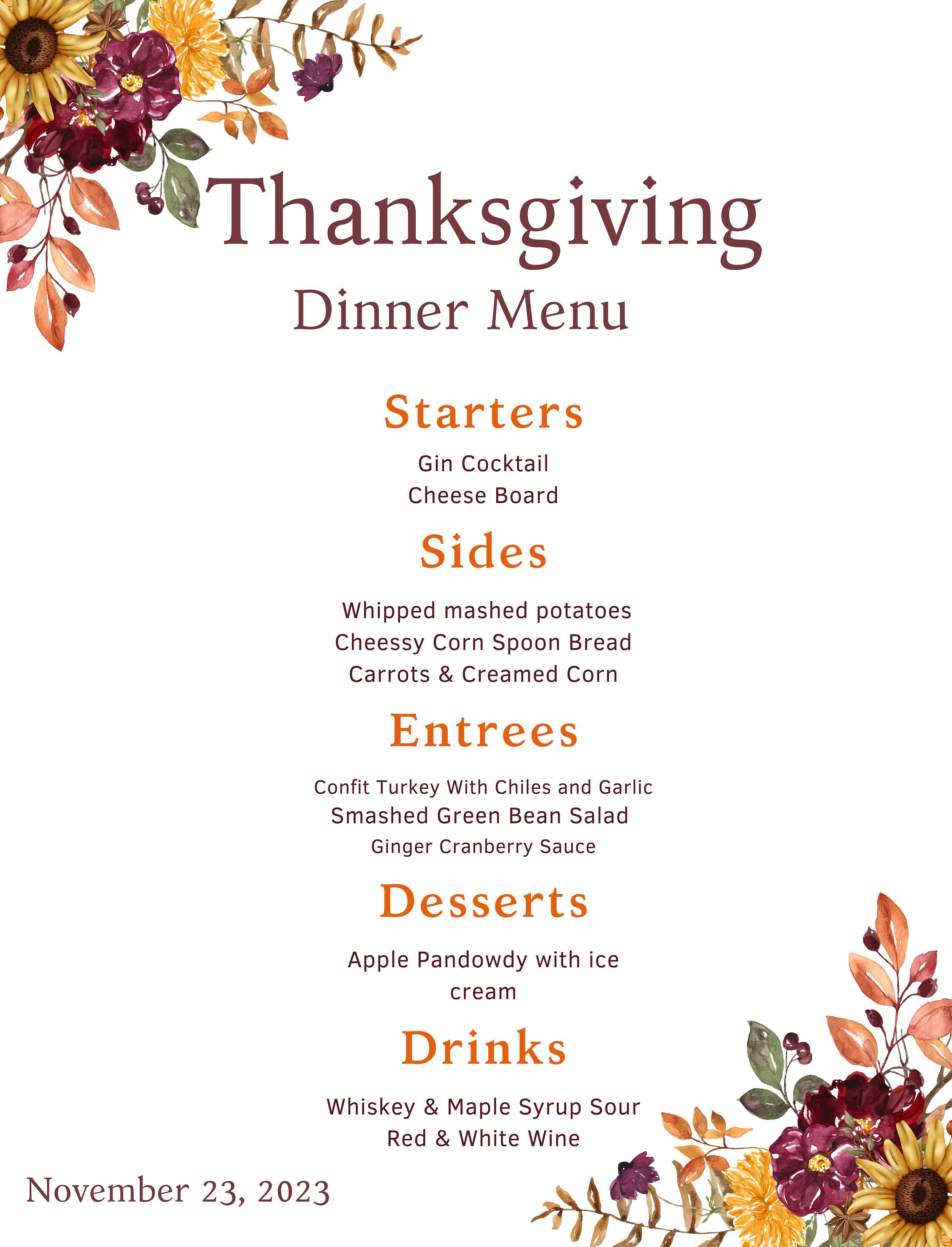 Editable Thanksgiving Dinner Menu Template, Fall Themed Menu Template ...