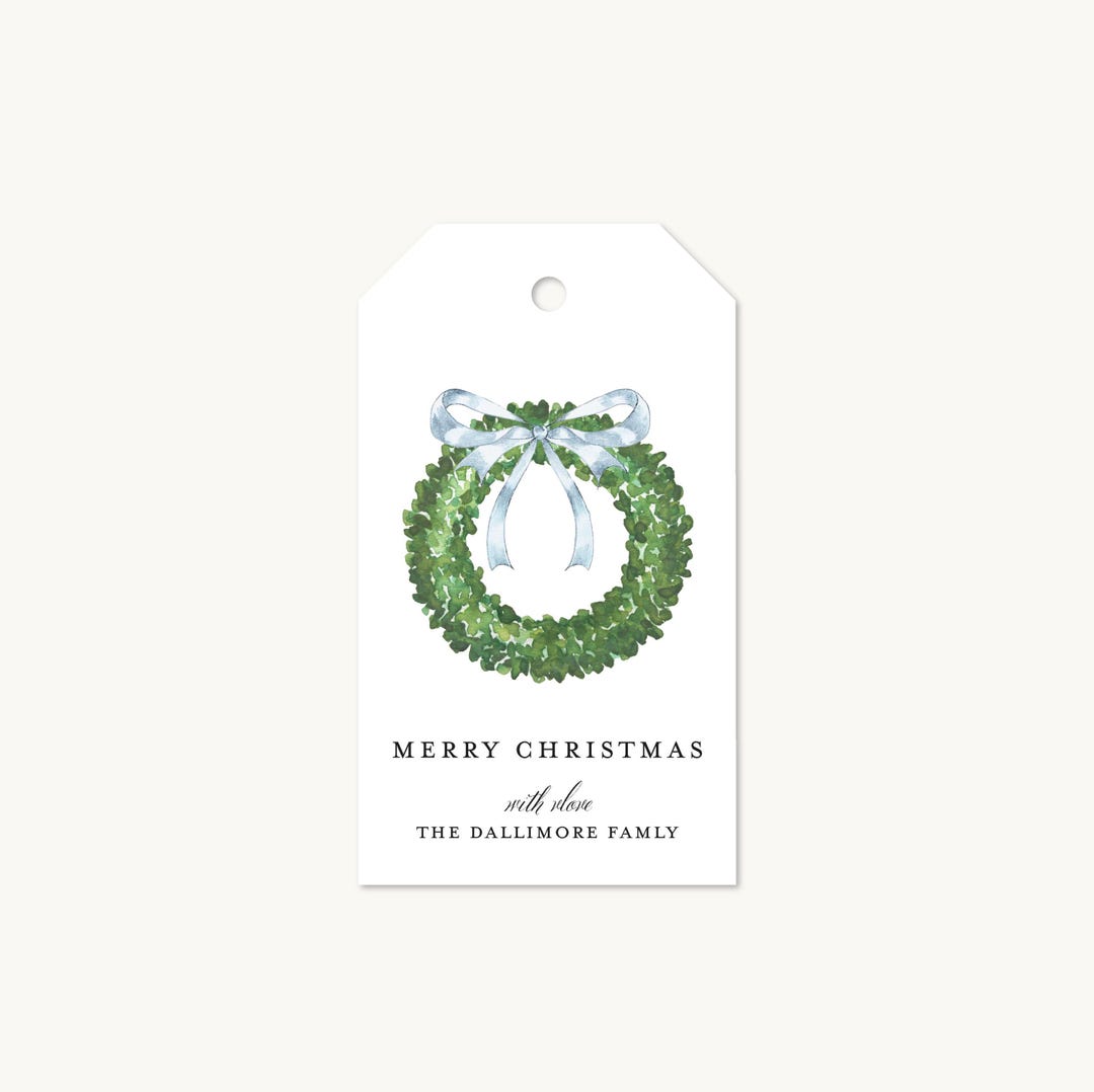 Boxwood Wreath Gift Tag, Classic Christmas Gift Tag, Wreath Gift Tag ...