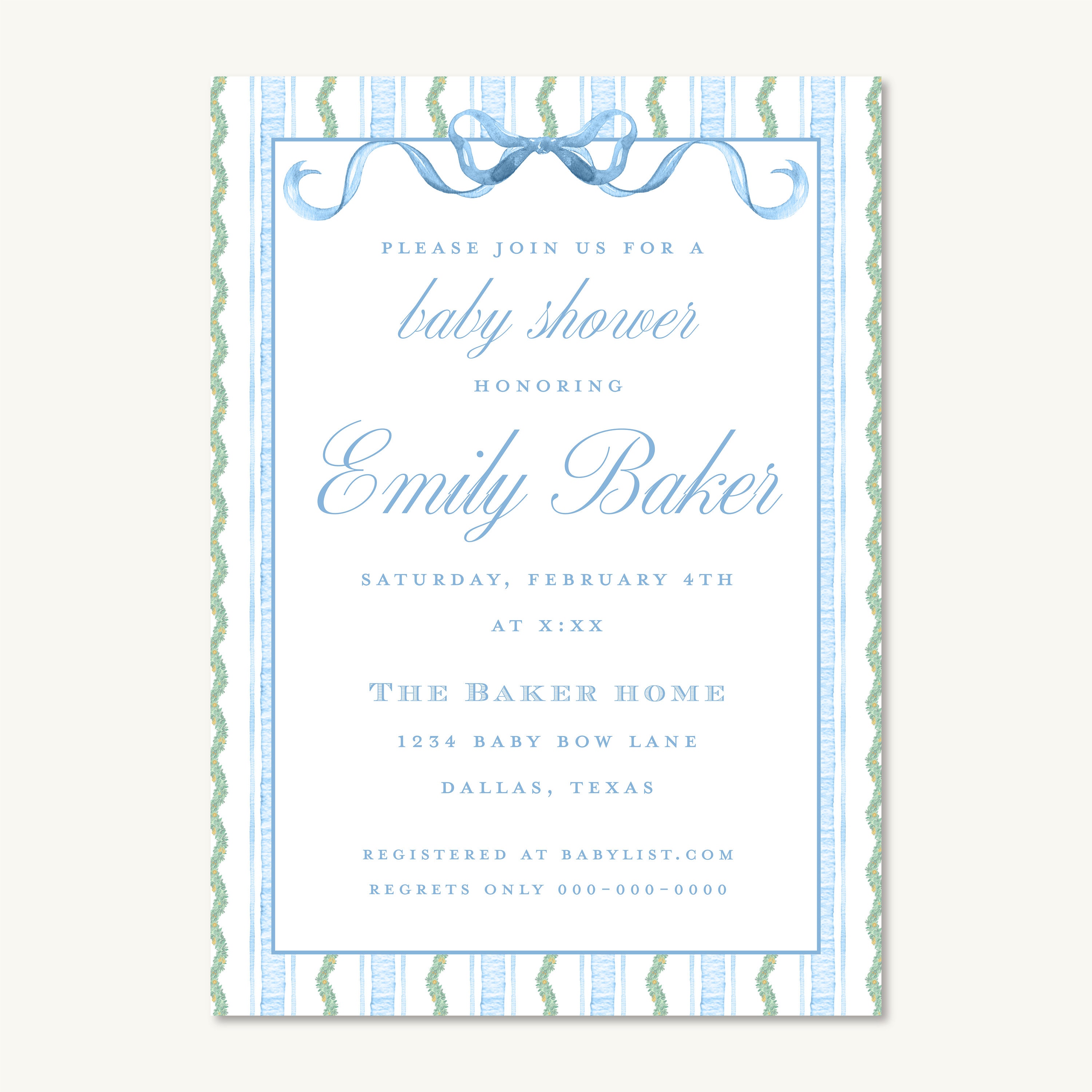 Blue Baby Shower Invitation, Watercolor Invitation, Preppy Blue ...