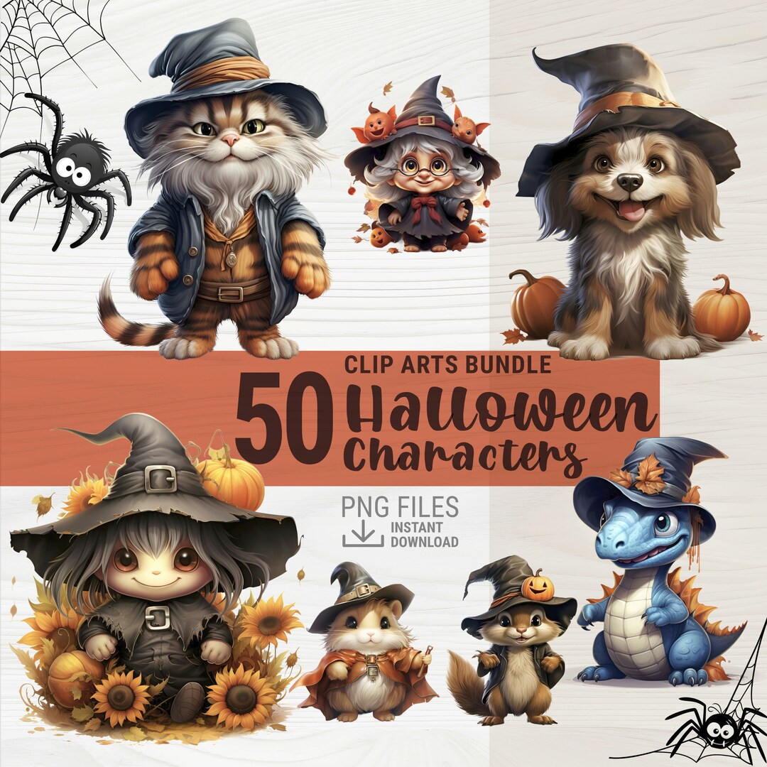 Cute Spooky Cartoon Halloween Clipart Bundle, 50 Cute Halloween ...