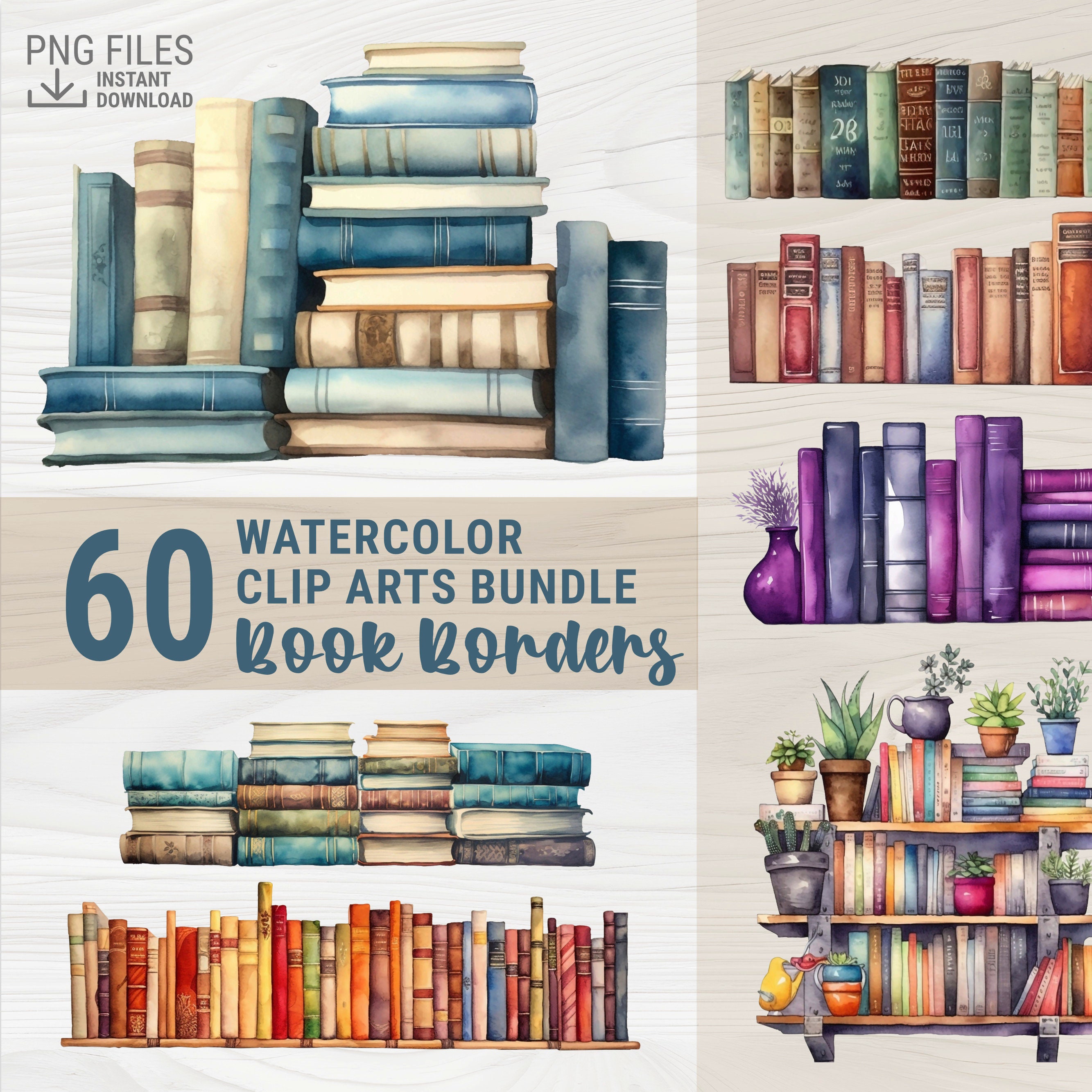 Watercolor Book Border Clipart, Boho Watercolor Books Cliparts ...