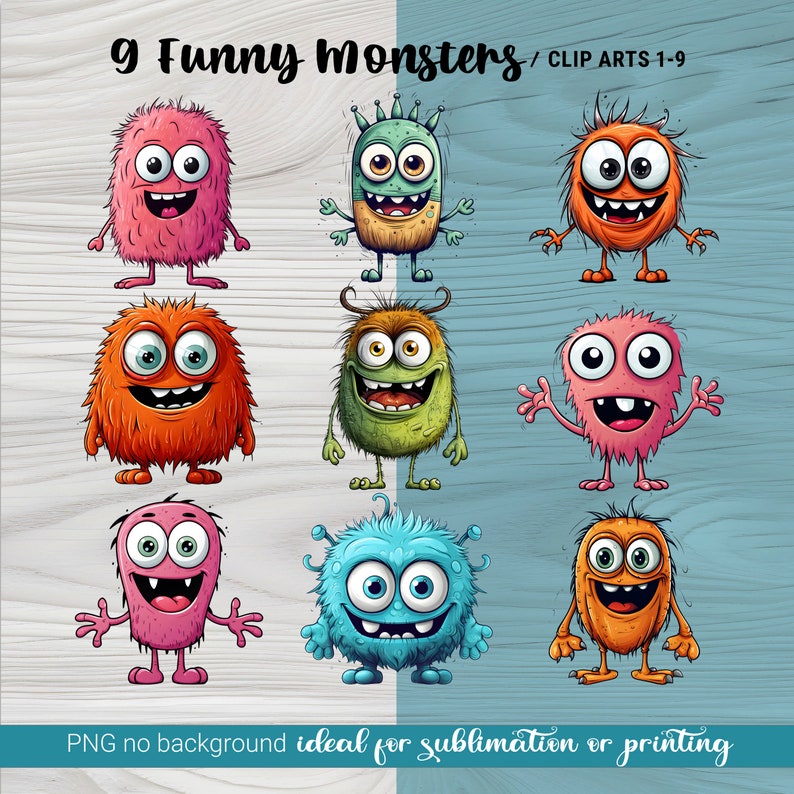 Cute Monsters, 9 Cute Monsters PNG, Bundle of Cliparts, Monster ...
