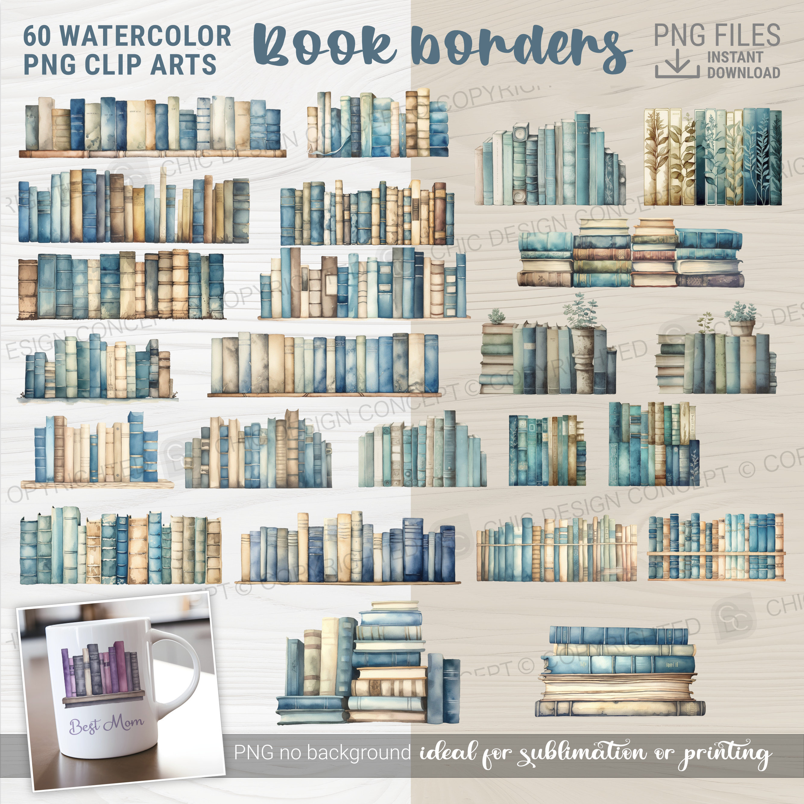 Watercolor Book Border Clipart, Boho Watercolor Books Cliparts ...