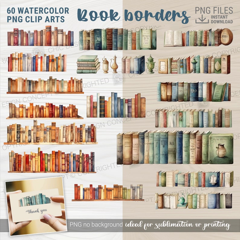 Watercolor Book Border Clipart, Boho Watercolor Books Cliparts ...