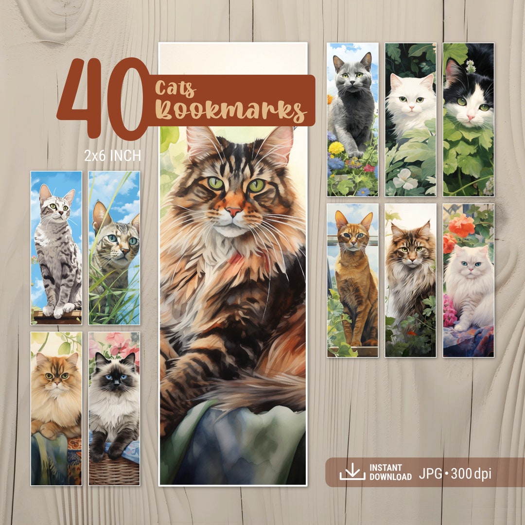 Cat Watercolor Printable Bookmarks, Bookmarks Cat-lovers-gift, Bookmark ...