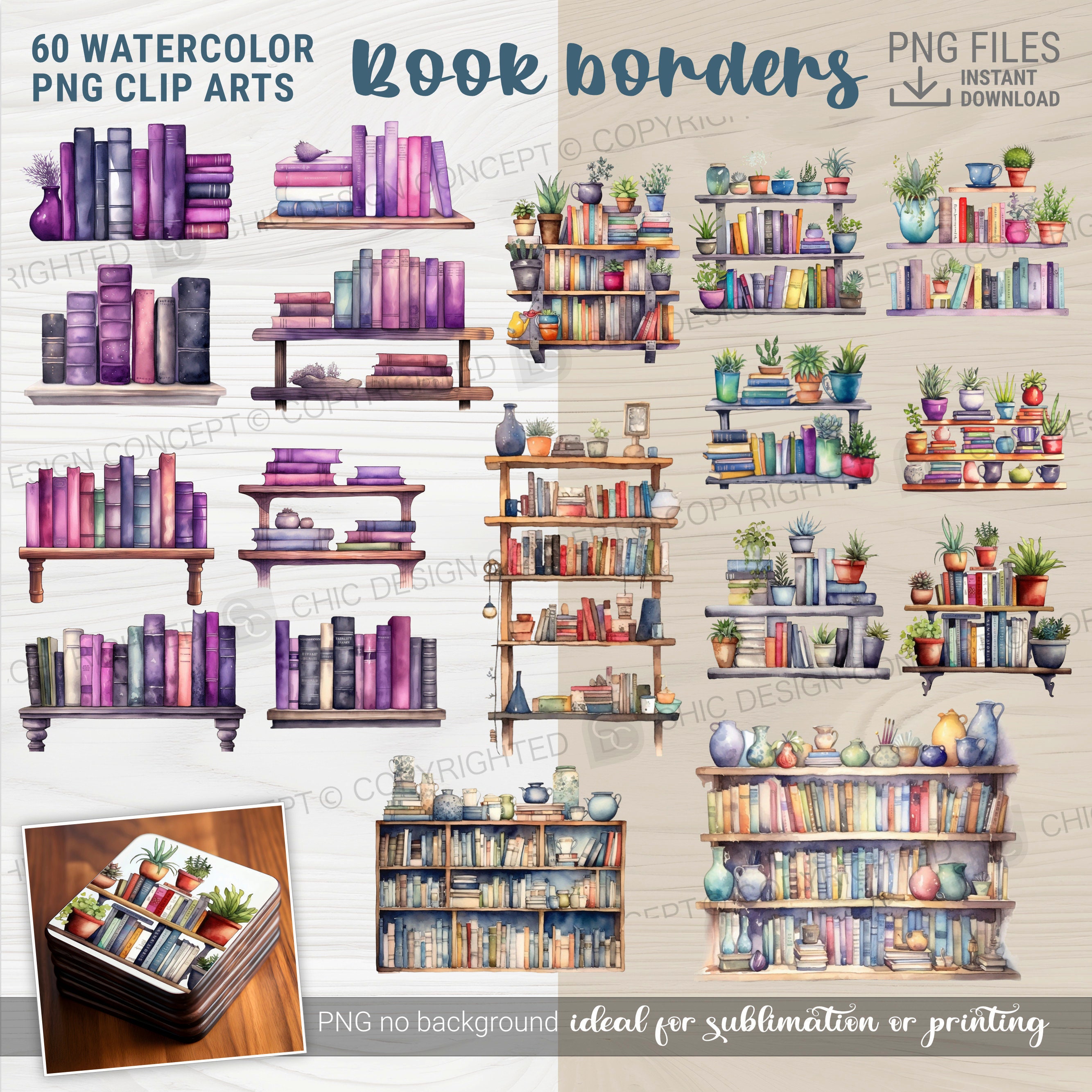 Watercolor Book Border Clipart, Boho Watercolor Books Cliparts ...