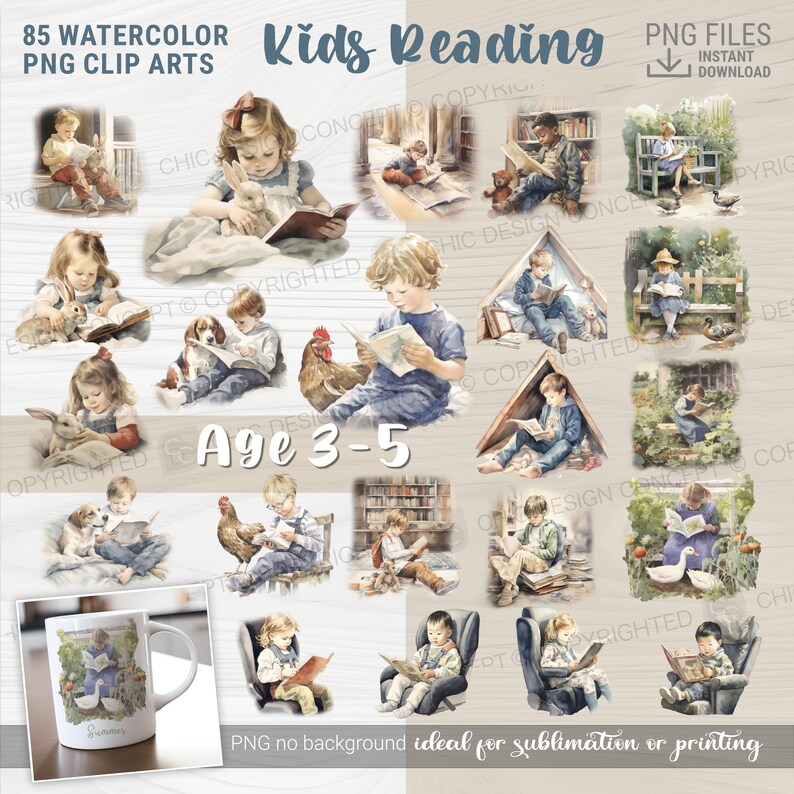 Watercolor Boy / Girl Reading Cliparts PNG Watercolor Reading - Etsy