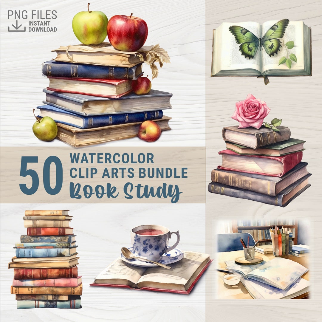 Watercolor Book Study Clipart Bundle, Boho Watercolor Books Cliparts ...