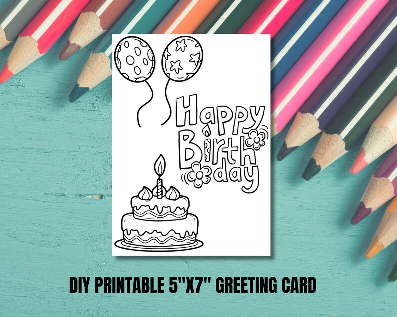 Printable Happy Birthday Coloring Card, Birthday Card for Kids, Color ...