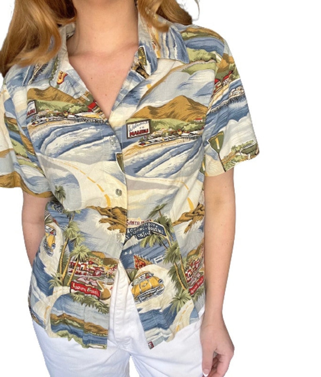 Vintage 90s Coastal Beach Malibu Santa Monica Pier Laguna PCH Button Up ...