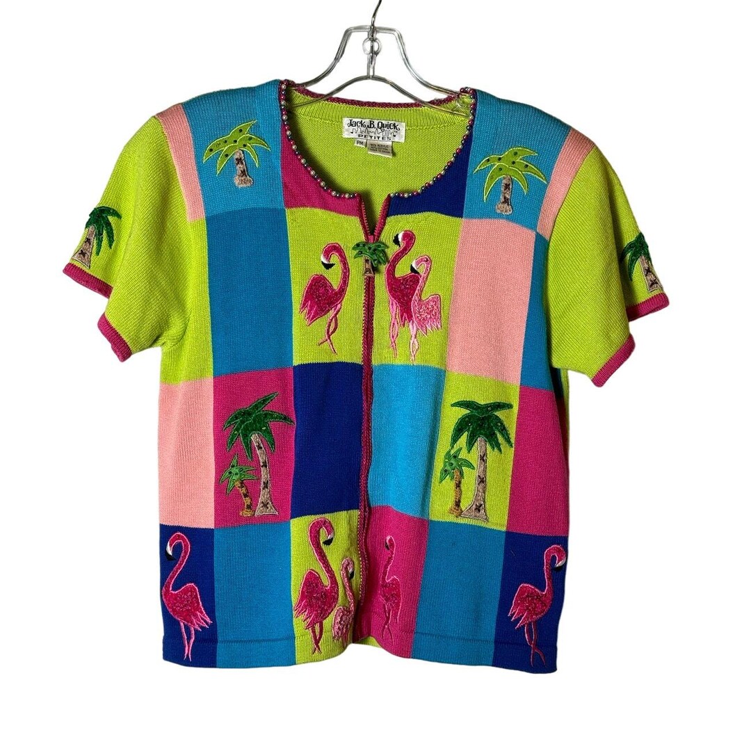 Vintage Jack B Quick Cardigan Sweater Flamingos & Palm Trees Short ...