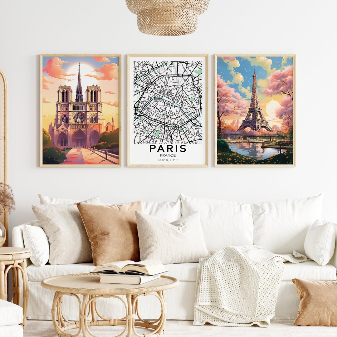 Paris Travel Poster Set of 3 Paris Map Retro Poster Gift City Map Decor ...