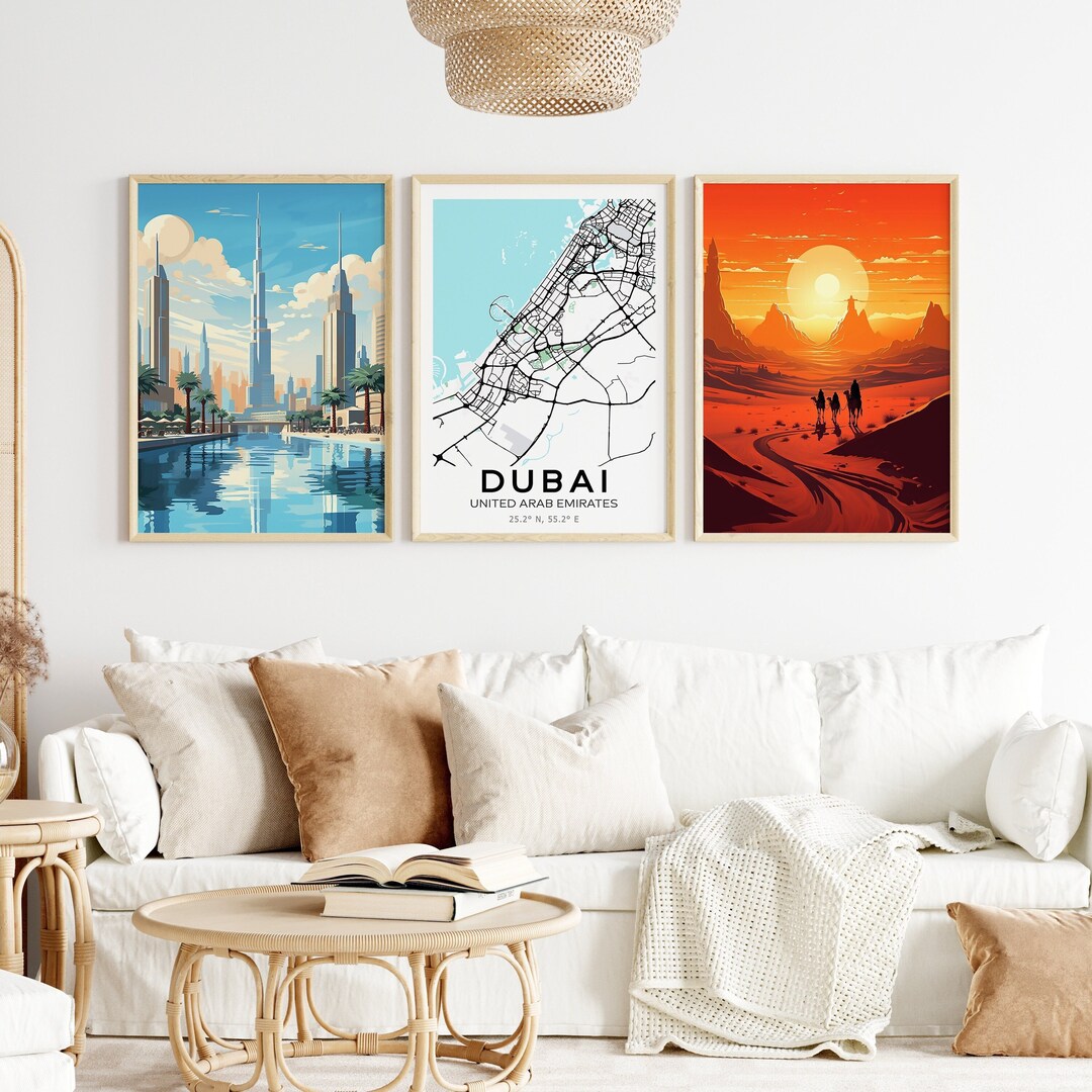 Dubai Travel Poster Set of 3 Dubai Map Retro Poster Gift City Map Decor ...