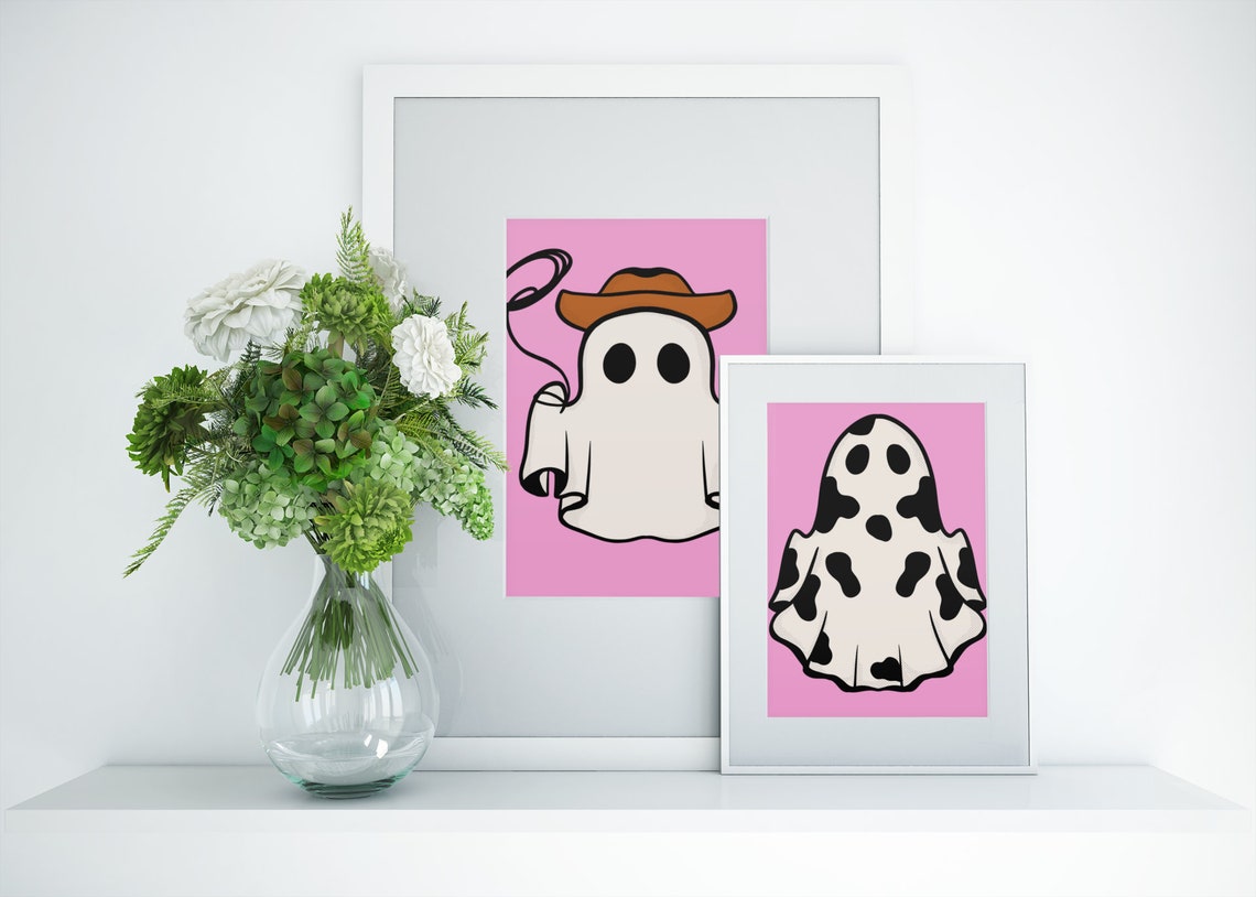 Cowboy Ghost Print, Cow Print Ghost, Pink and White Ghost, Halloween ...