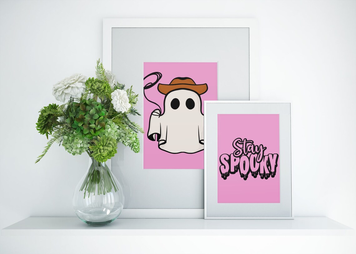 Cowboy Ghost Print, Cow Print Ghost, Pink and White Ghost, Halloween ...