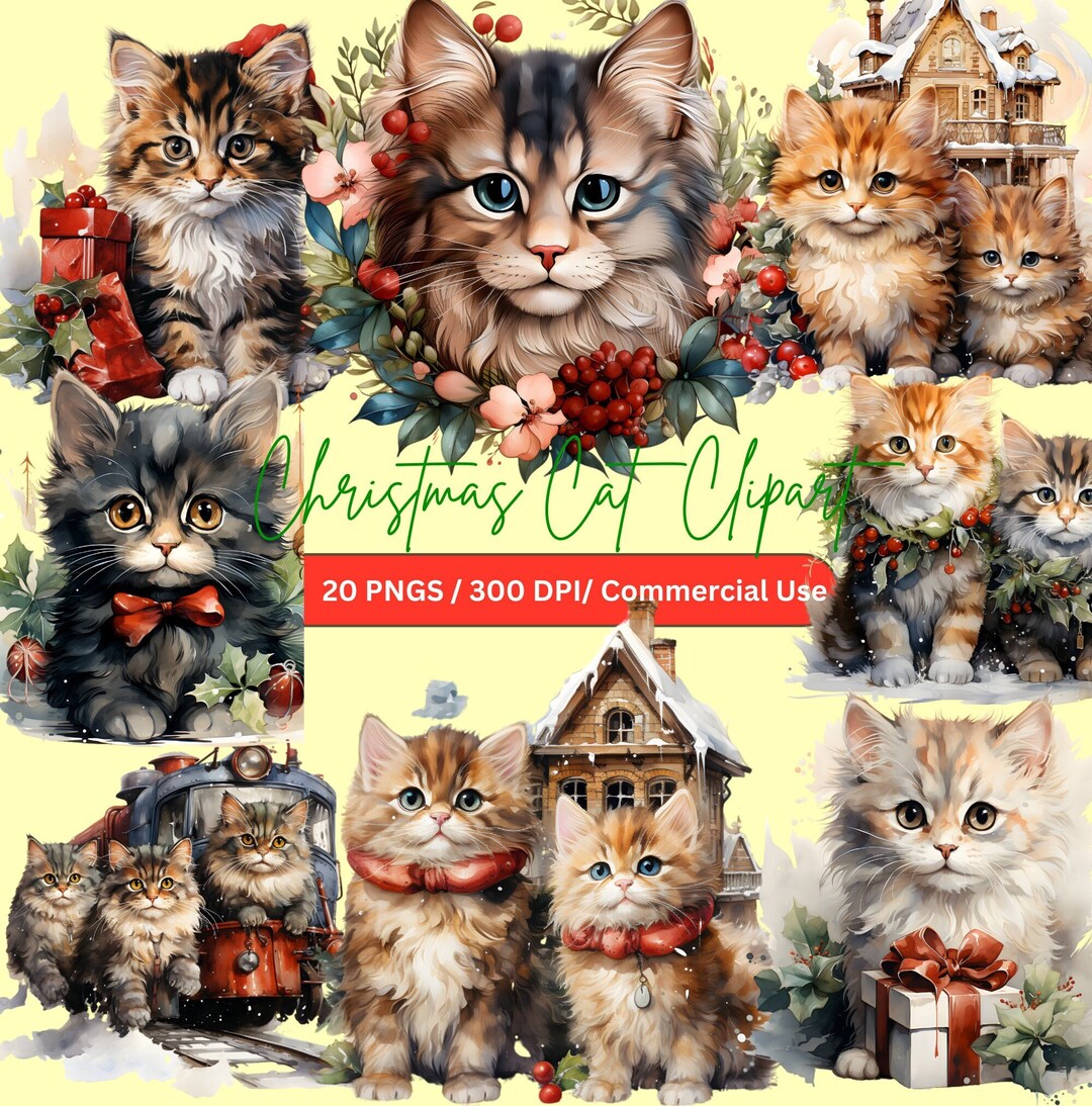 20 Christmas Cat Clipart, Cute Christmas Cats,xmas Cat Gift, Christmas ...