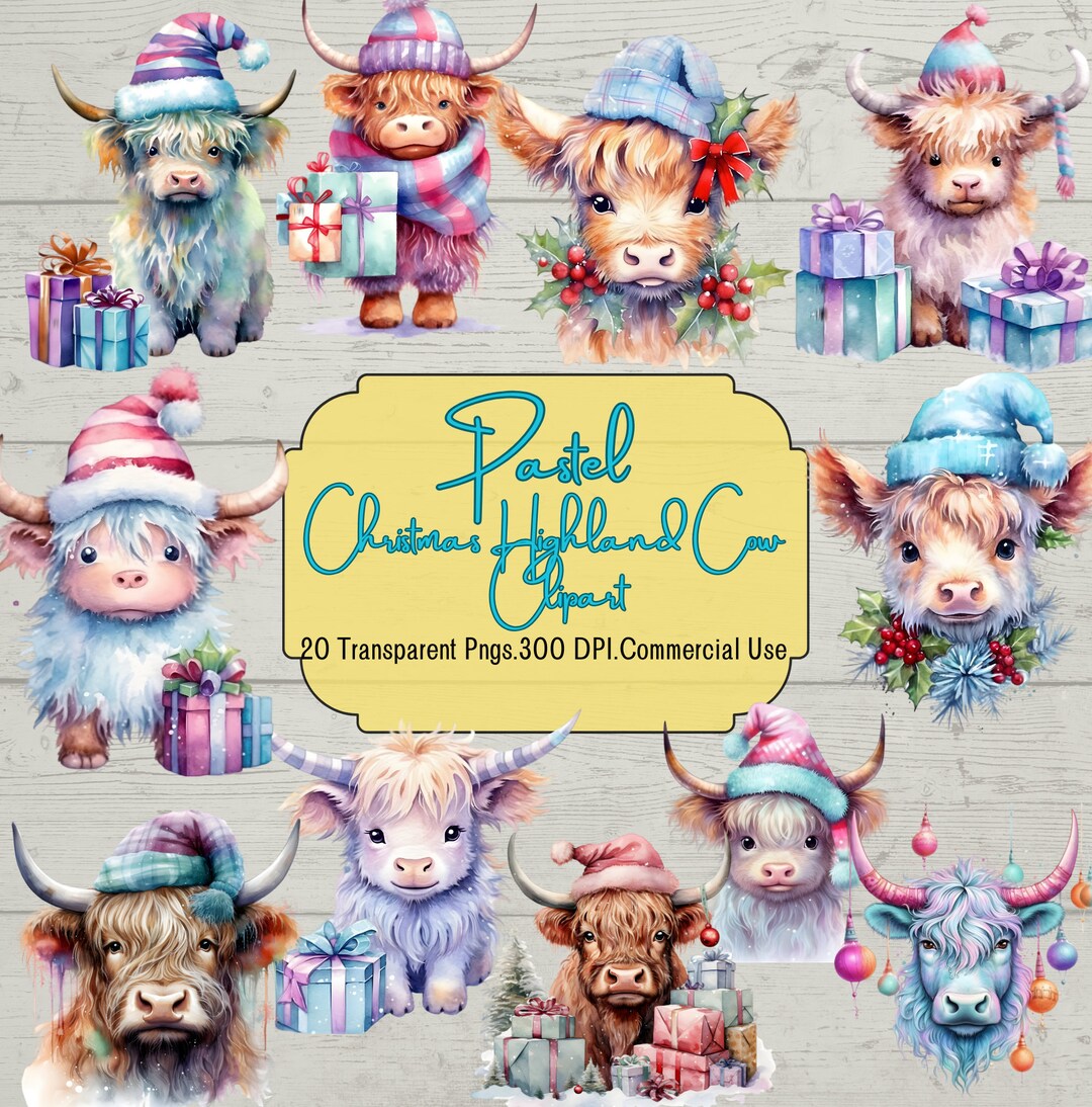 20 Pastel Christmas Highland Cow Clipart Bundle Pink Christmas Clipart ...