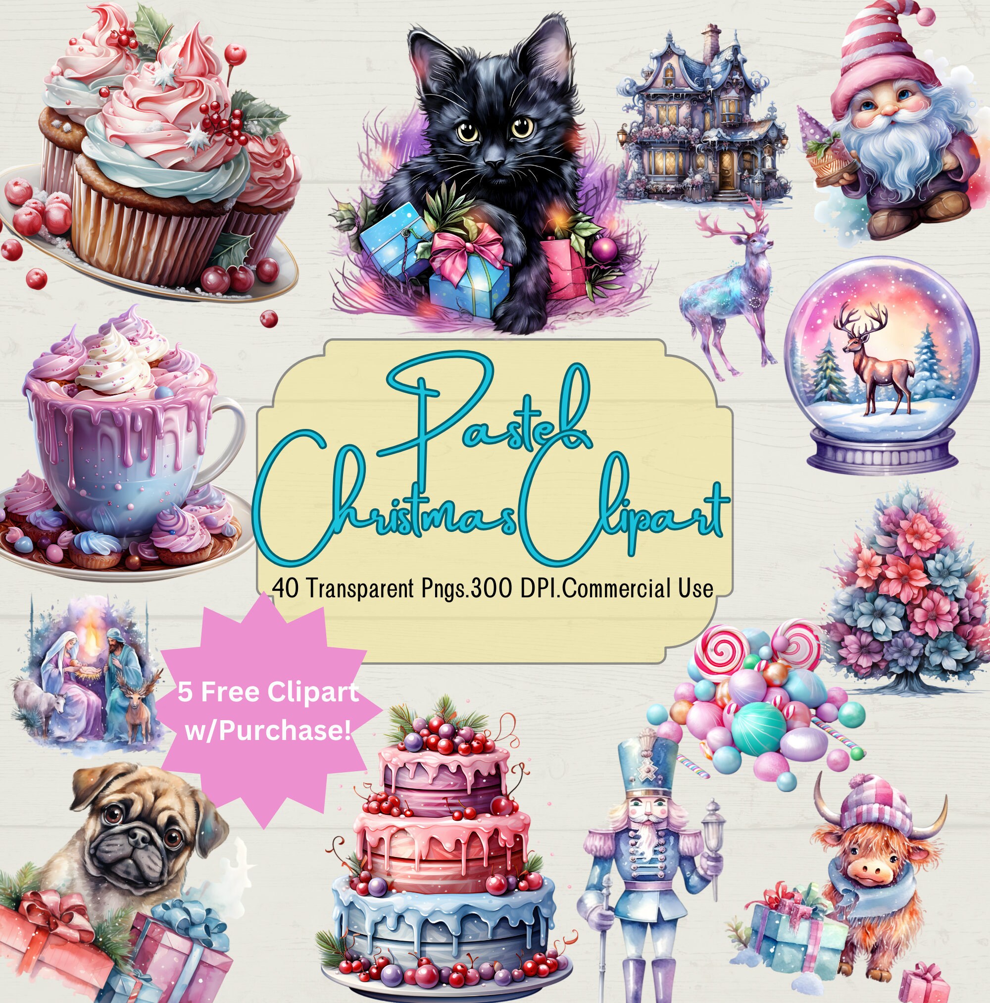 40 Watercolor Pastel Christmas Clipart Bundle Pink Christmas Clipart ...